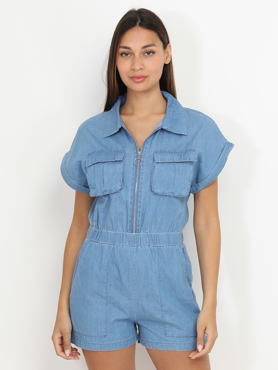 Combi-short bleu effet denim à fermeture zippée