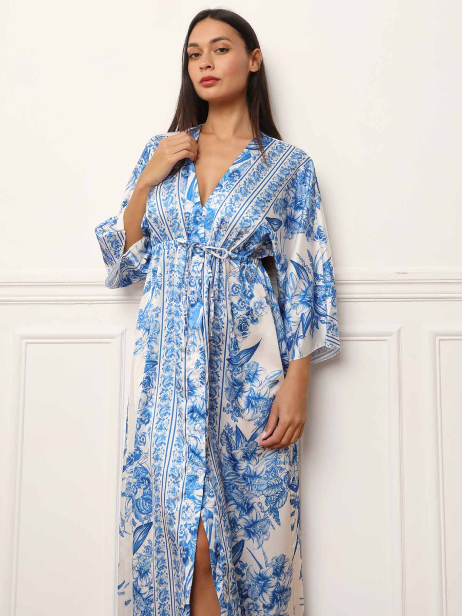 Robe longue fendue bleue à fleurs style kimono