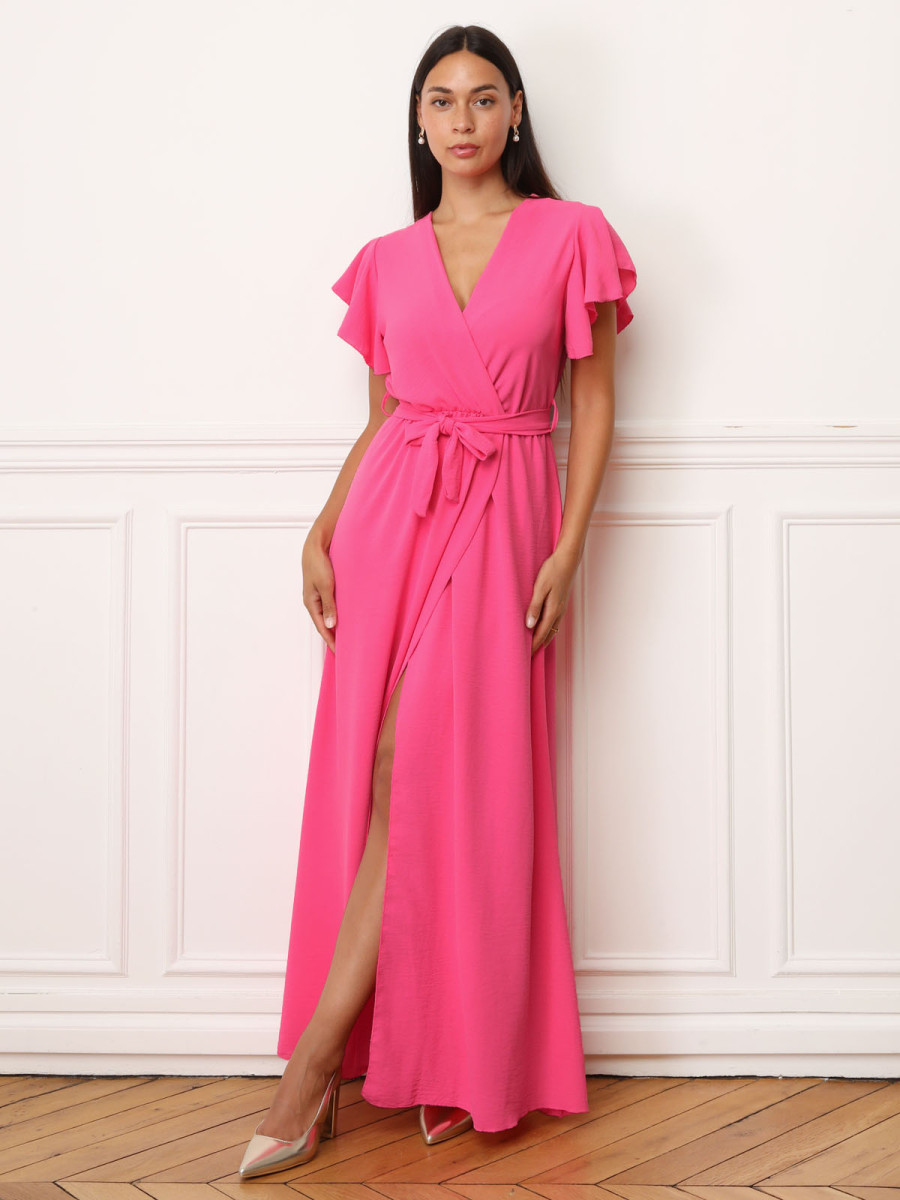 Robe longue fendue à col cache coeur