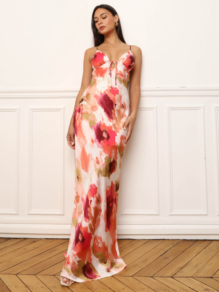 Robe longue dos-nu effet satinée rose