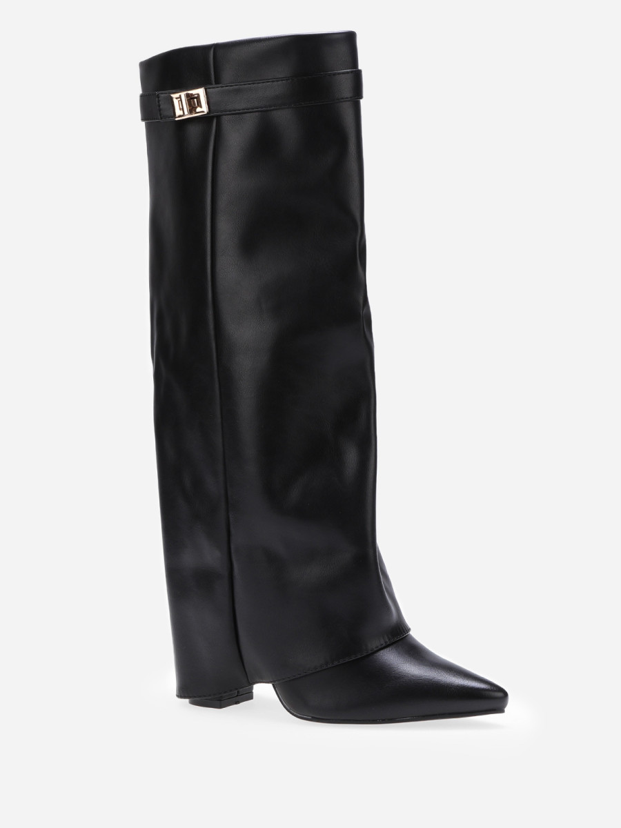Bottes noires à talon avec revers et bride