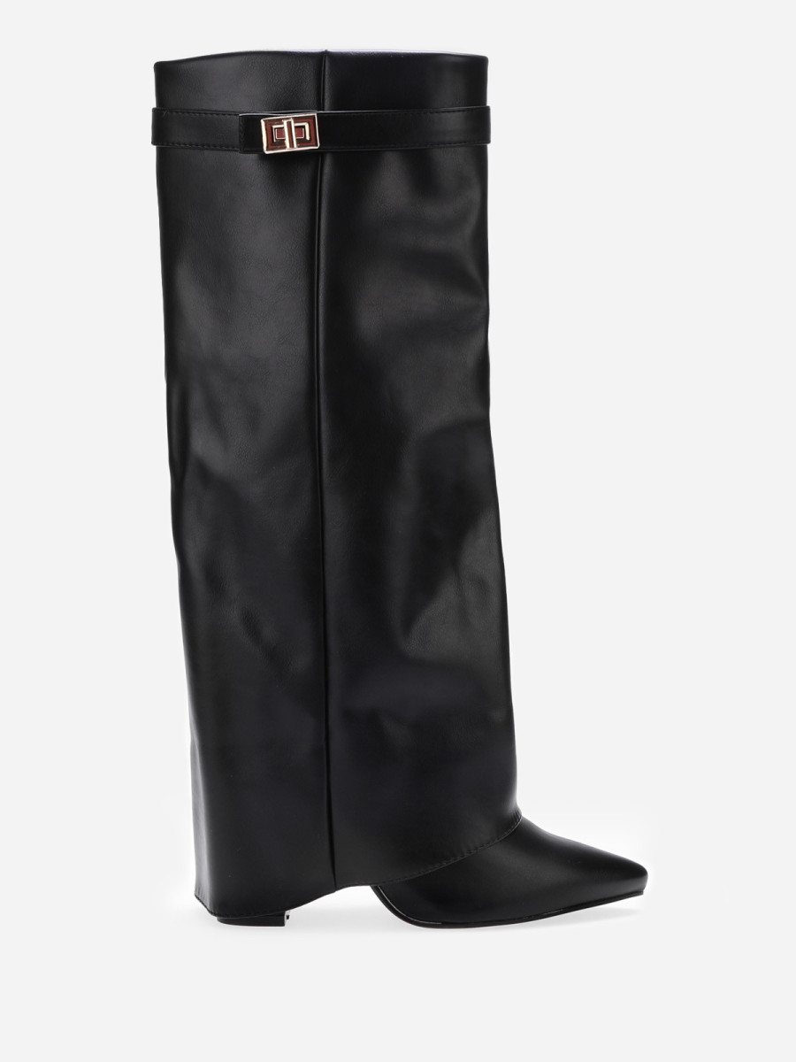 Bottes noires à talon avec revers et bride